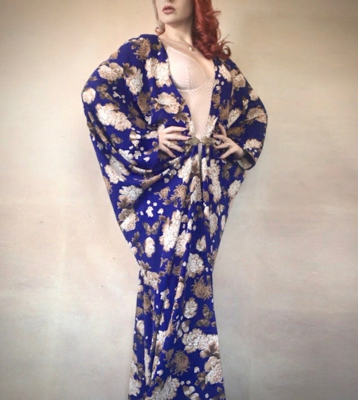 1920s-inspired Handmade Robe. Blue Floral Pattern, Beaded and ...