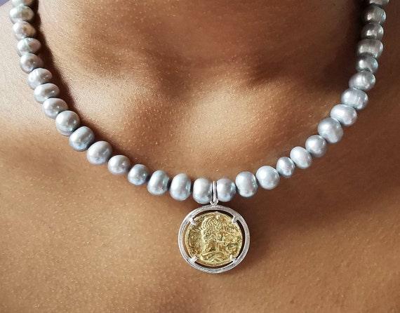 Large Grey Pearl Necklace With Ancient Coin Pendant 24k Gold Plated Sterling Silver High Quality Freshwater Pearls Etsy