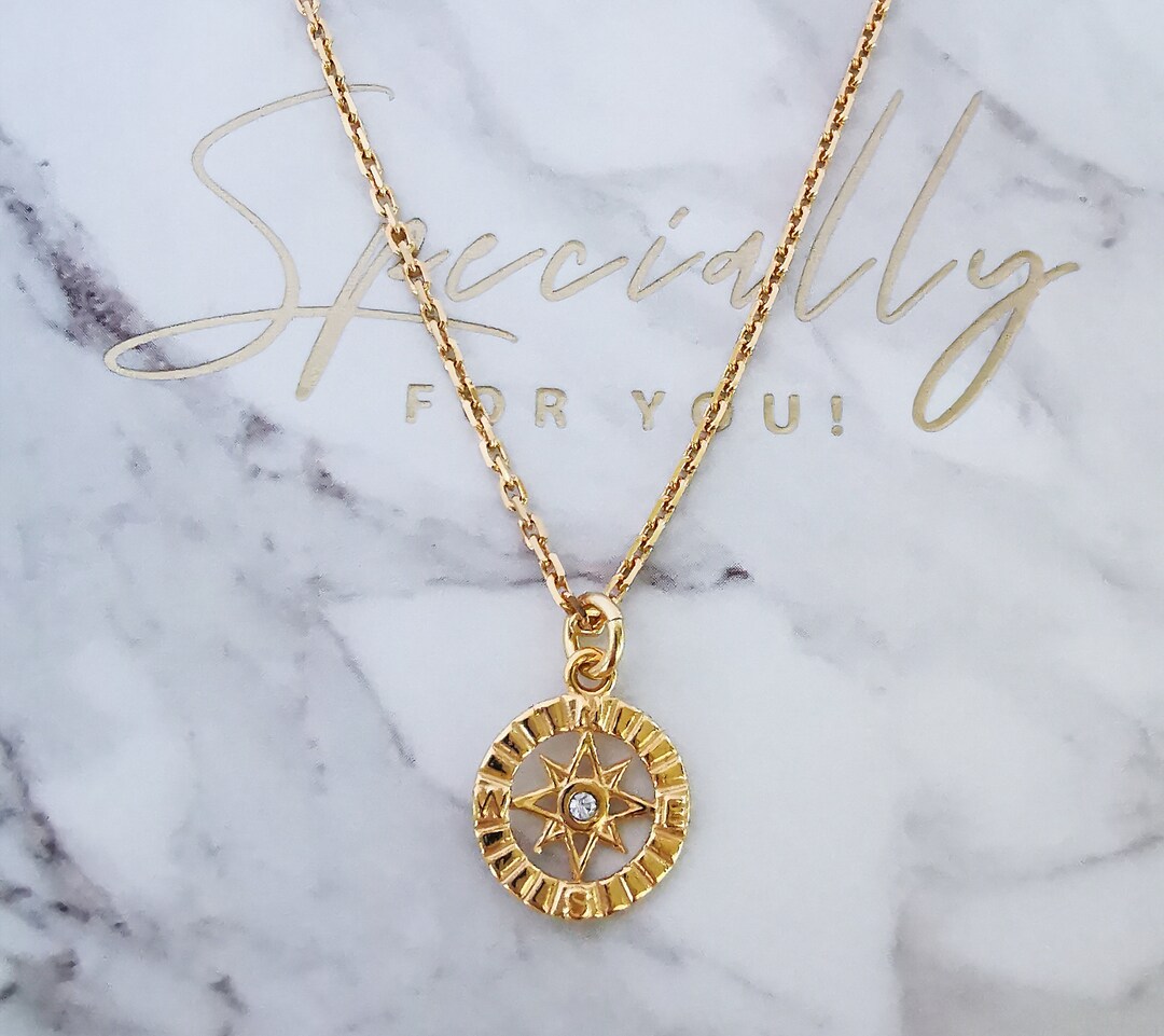 Necklace with Wind rose charm with Swarovski crystal Anchor chain 24 k gold plated sterling silver jewellery
