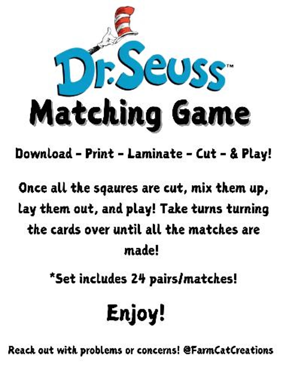Dr. Seuss Matching Game - Digital Game - Printable - Etsy