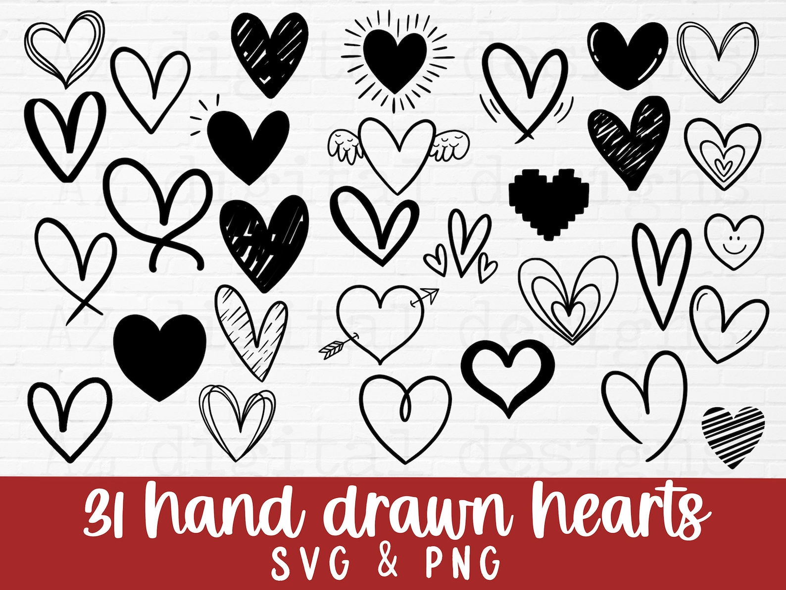 Heart Svg Bundle Hand Drawn Hearts Svg Png Valentines Day Svg Love Svg ...