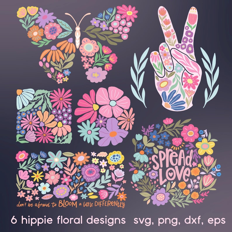 Hippie Flowers Svg and Png Bundle 2, Danish Flower Svg, Retro Flower ...