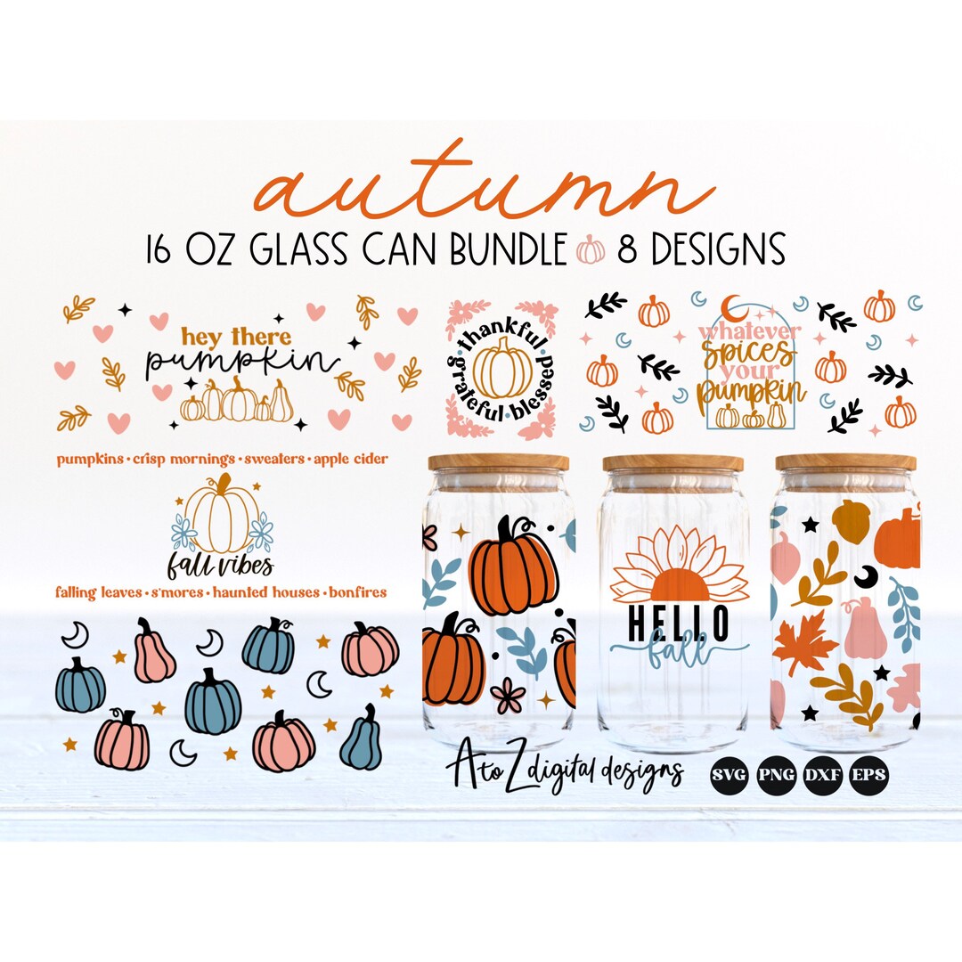 Pumpkin 16 Oz Glass Can Wrap Svg, Fall Glass Can Svg, Boho Pumpkin Can ...