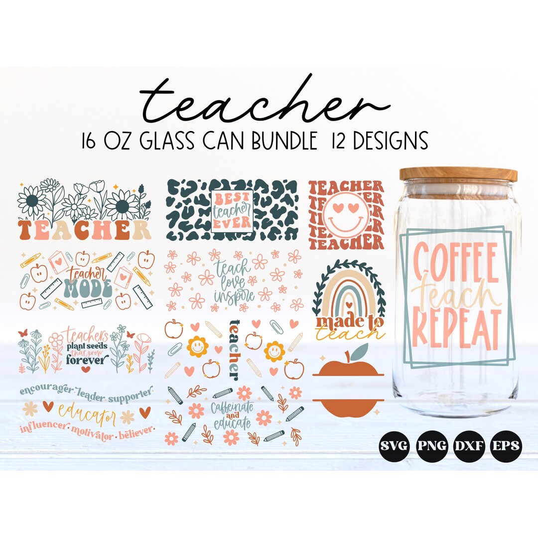 Teacher Glass Can Svg Bundle, Libbey 16 Oz Can Wrap Svg, Retro Teacher ...