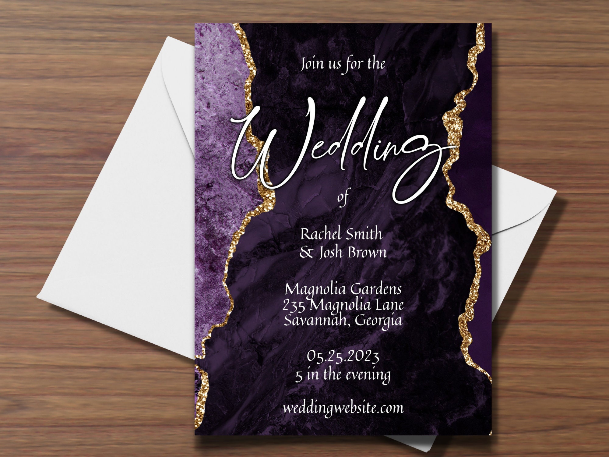 Purple Agate Wedding Invitation Cards Template, Dark Purple and Gold ...