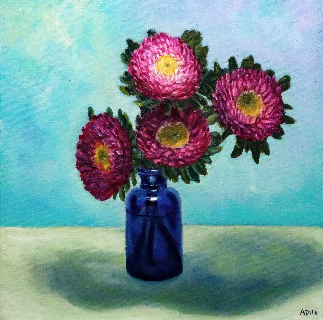 Pink Matsumoto Aster Flowers Oil Painting on Canvas - Etsy