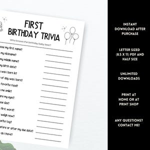 First Birthday Game Printable, First Birthday Trivia, Baby's First ...