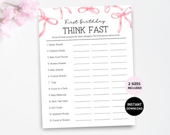 First Birthday Think Fast, 1st Birthday Game Girl Printable, Baby's ...