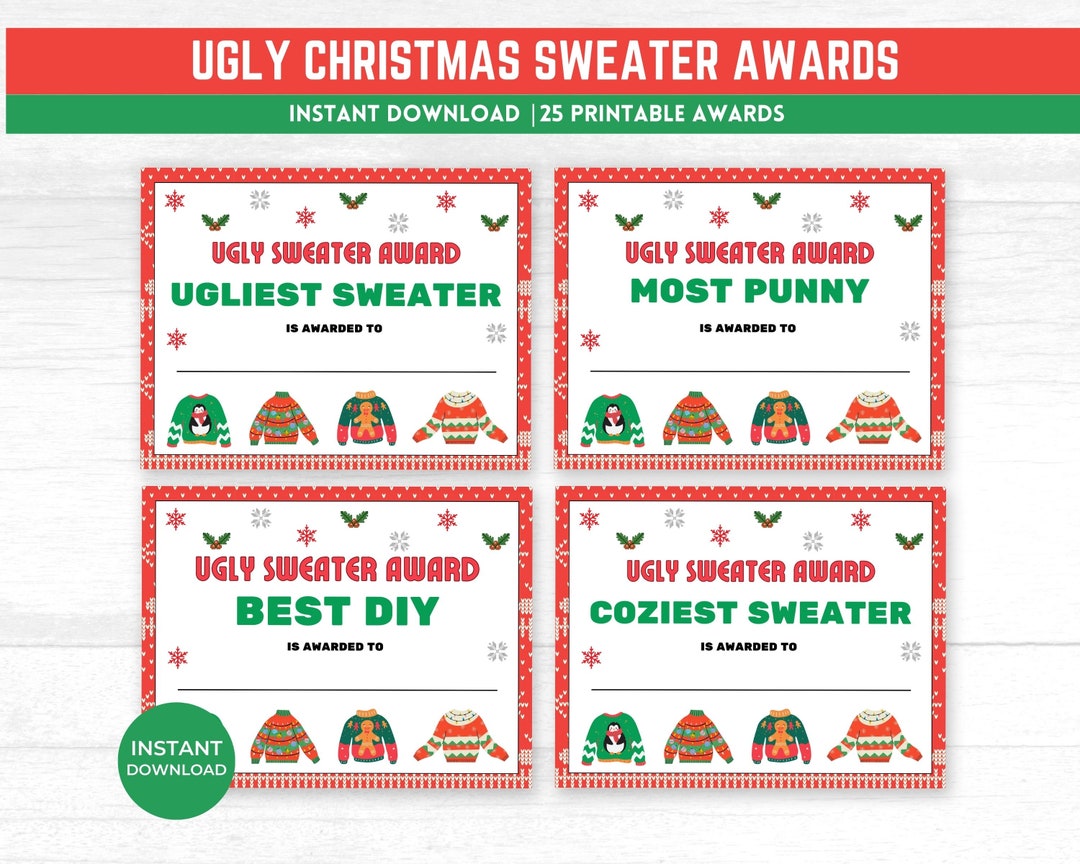 Ugly Christmas Sweater Awards, Ugly Sweater Party Certificates, Ugly ...
