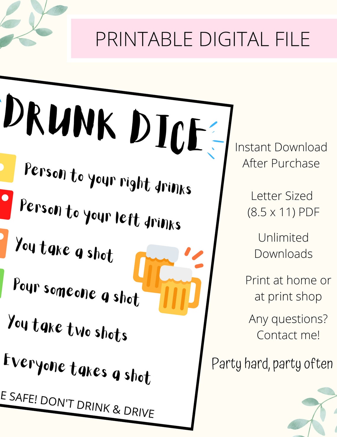 Drunk Dice Party Drinking Games Printable Games for Adults - Etsy