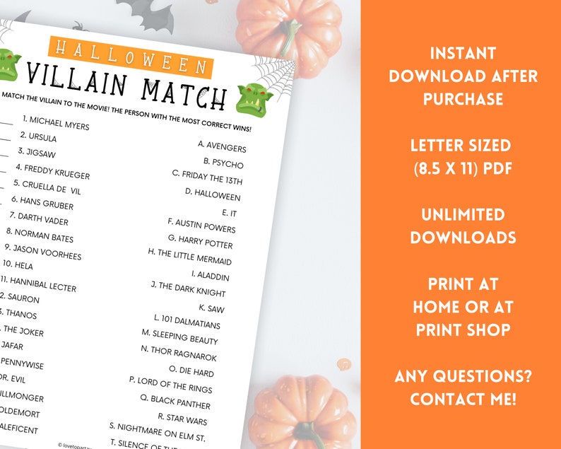 Halloween Game Printable Halloween Villain Match Halloween | Etsy