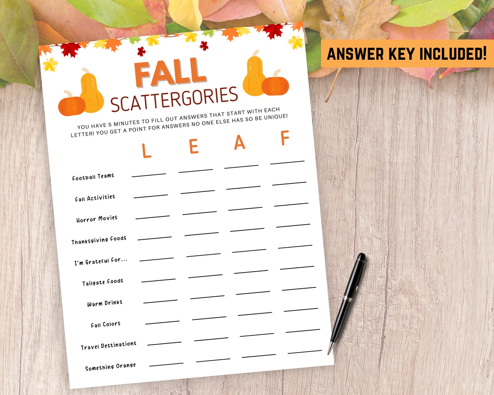 Fall Scattergories, Fall Themed Games, Fun Games for Kids and Adults ...
