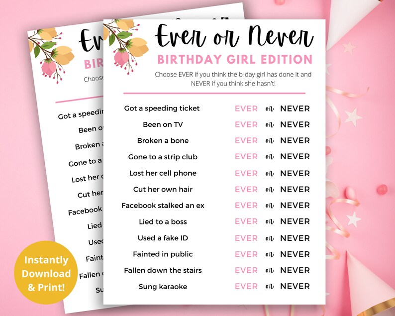 Adult Birthday Party Games Ever or Never Birthday Game | Etsy