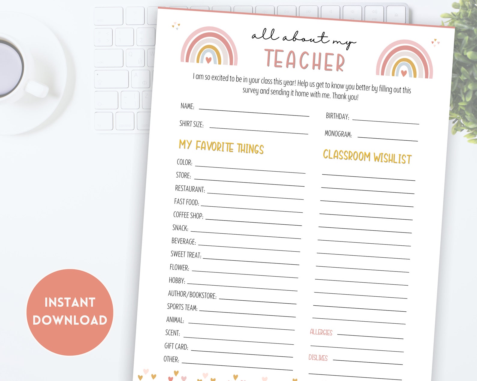 All About the Teacher Survey, PTA Teacher Form, Teacher Appreciation ...