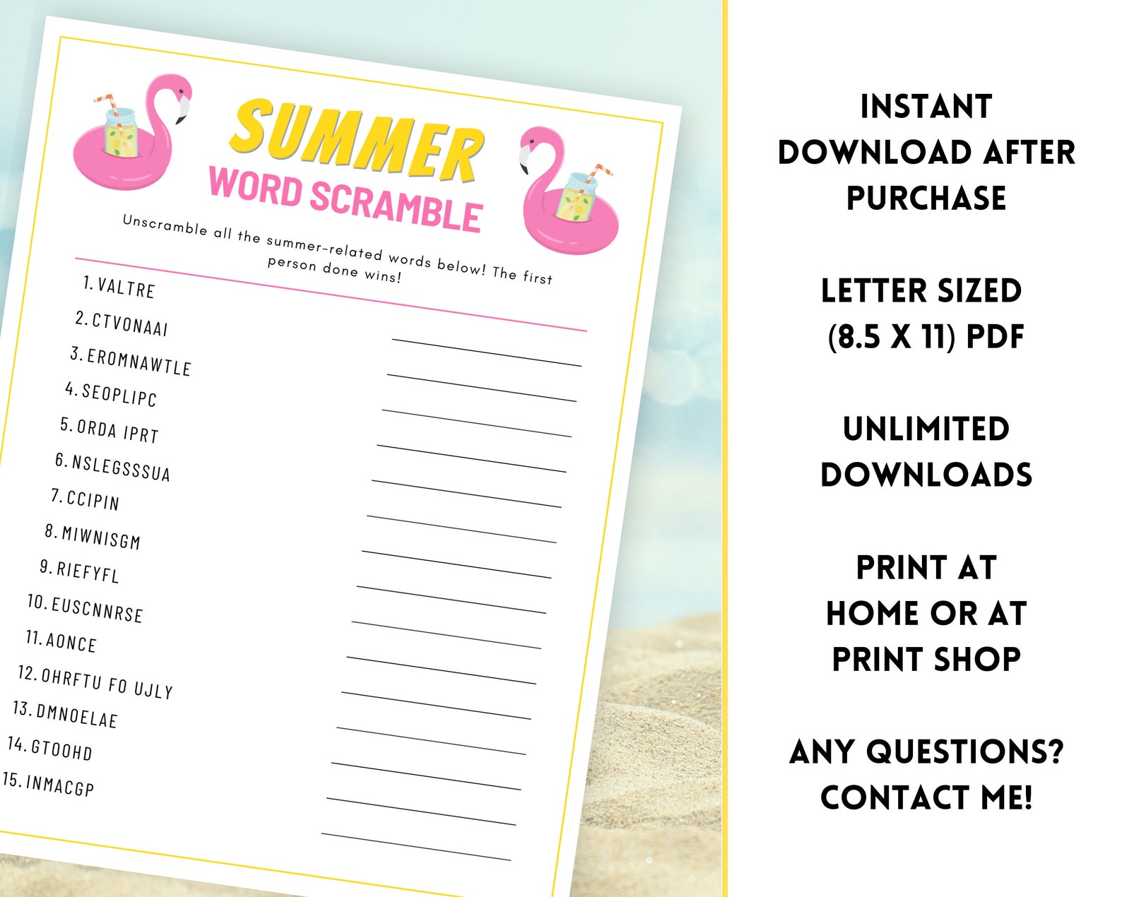 Summer Word Scramble Printable Summer Summer Games Summer - Etsy