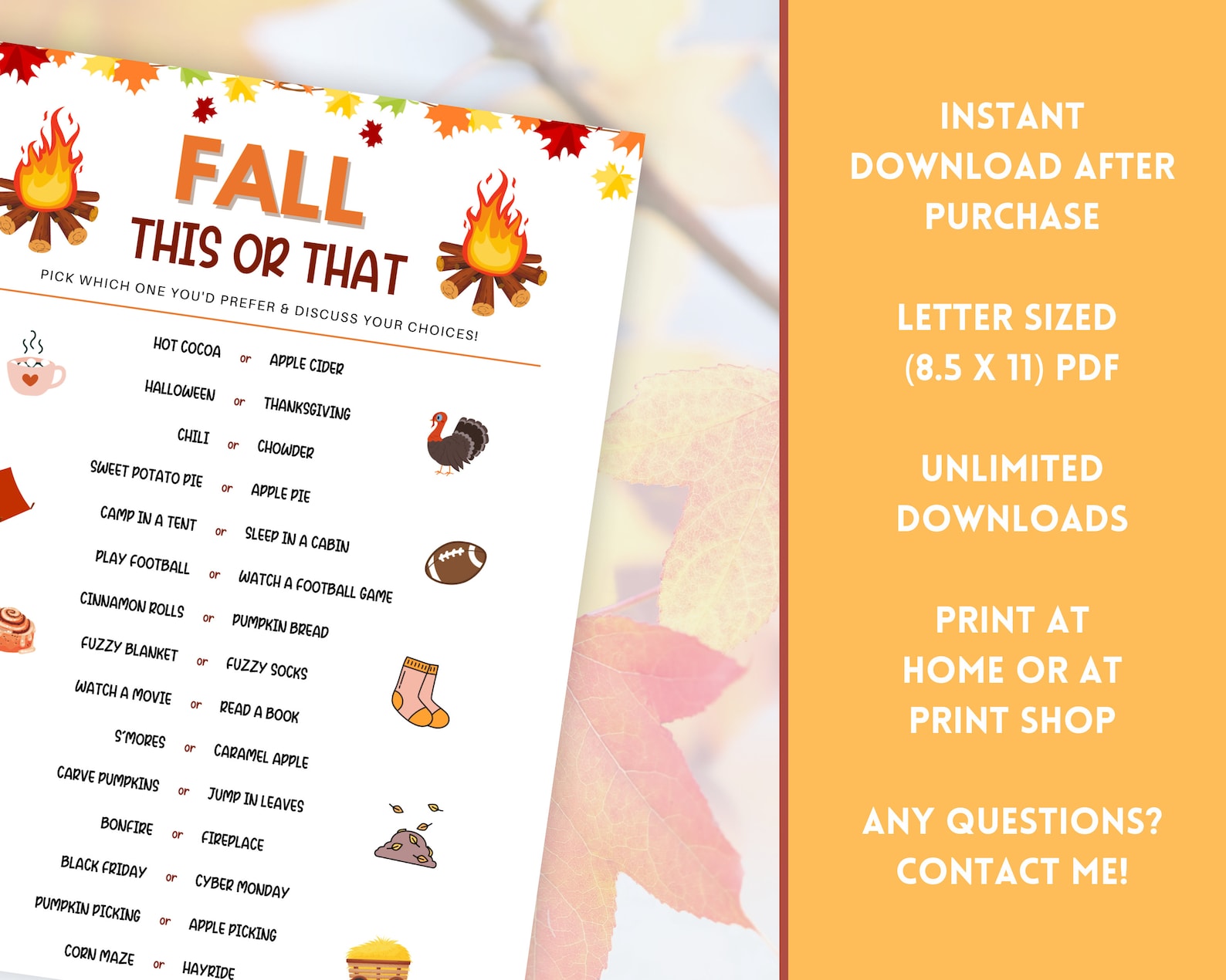 Fall This or That Fall Party Game Printable Fun Game for - Etsy