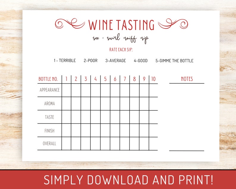 Wine Tasting Sheet Wine Tasting Scorecard Printable Wine - Etsy