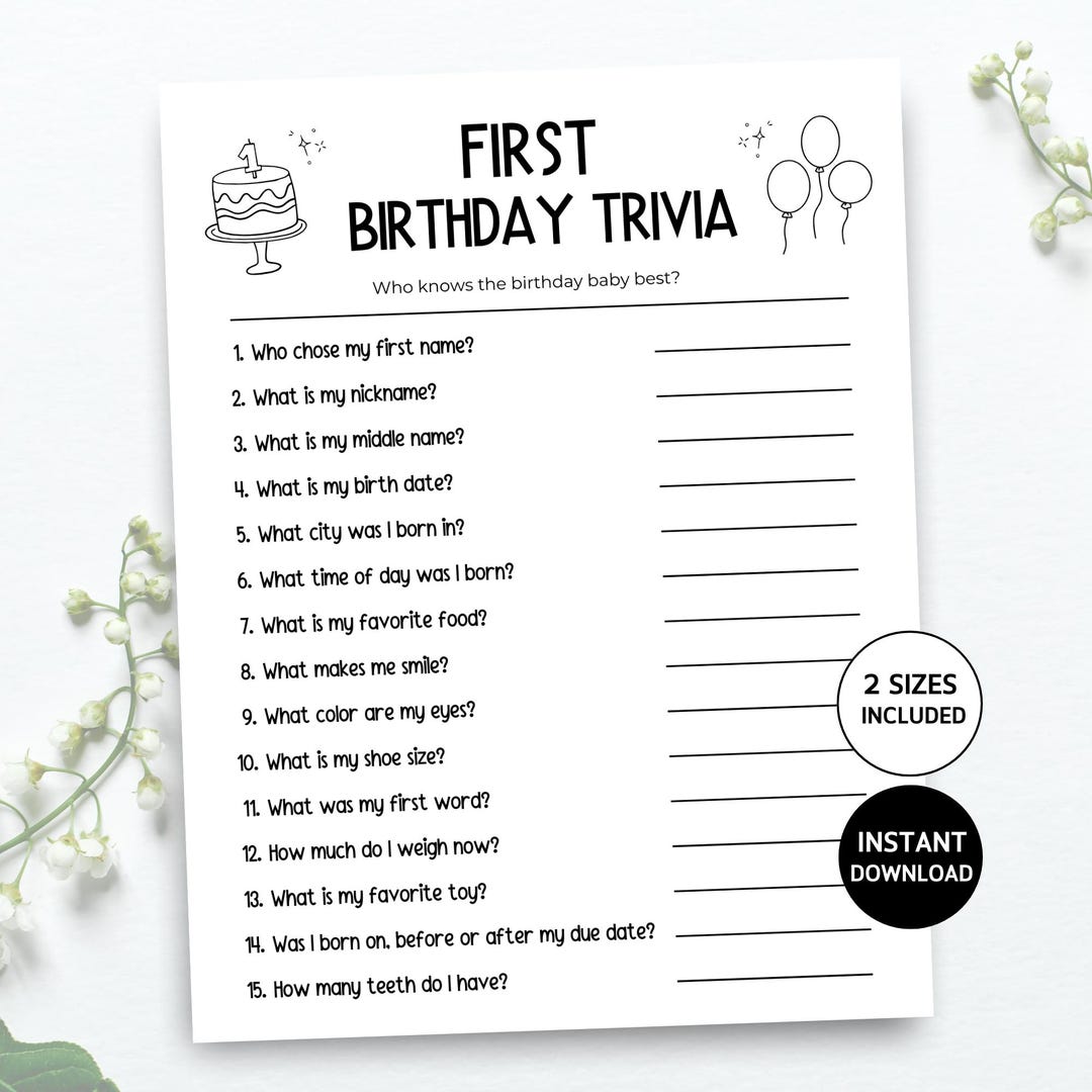First Birthday Game Printable, First Birthday Trivia, Baby's First ...