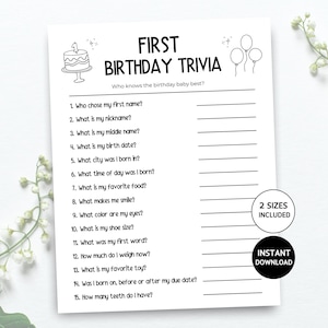 First Birthday Game Printable, First Birthday Trivia, Baby's First ...