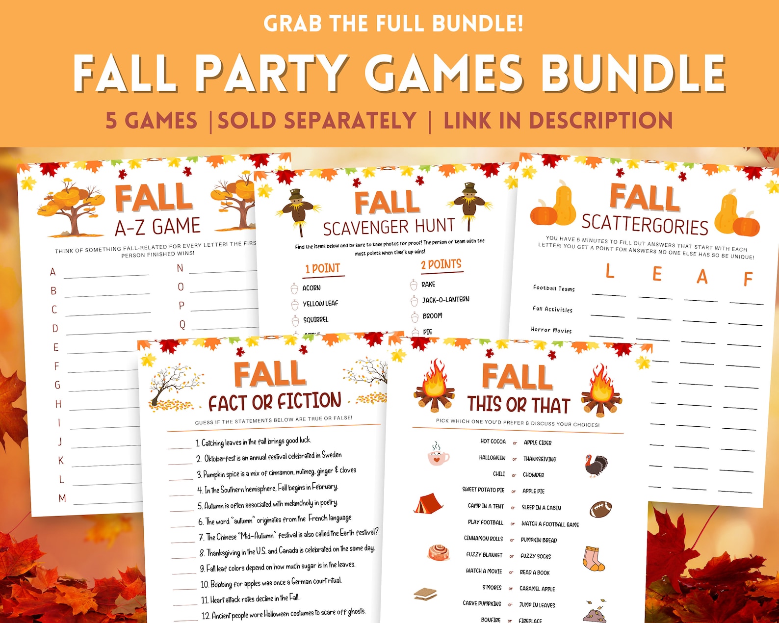 Fall Games Bundle, Printable Autumn Game Bundle, Fall Activities for ...