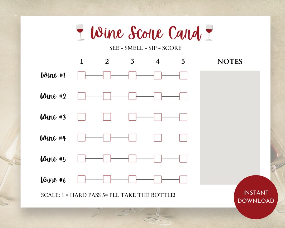 Wine Tasting Card, Wine Score Cards, Wine Tasting Scorecard, Six Wines ...