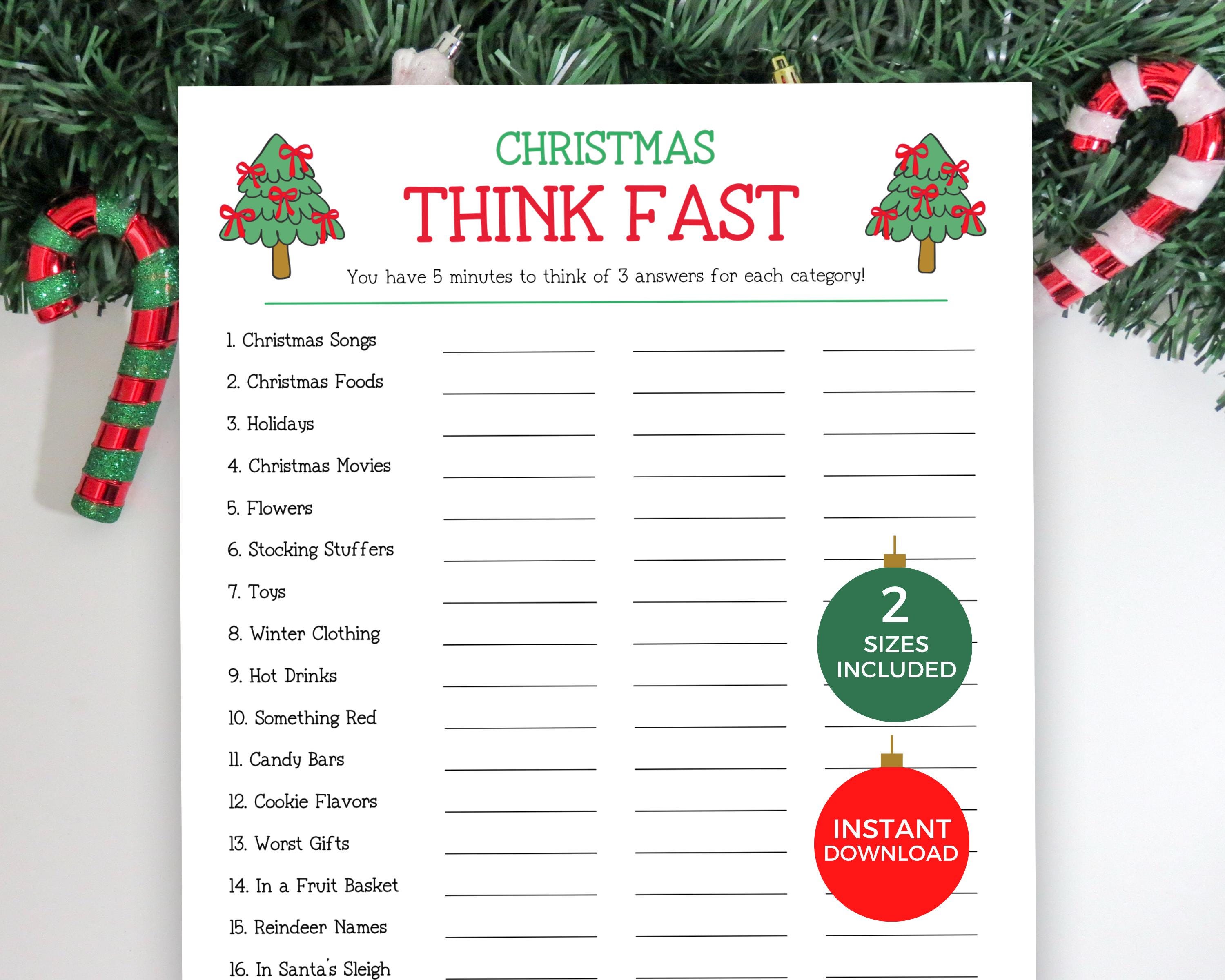 Christmas Think Fast, Holiday Party Game, Christmas Printable Game ...