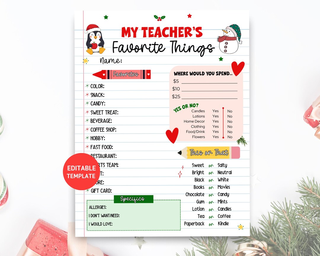 Christmas Teacher's Favorite Things Editable Template, Holiday Teacher ...
