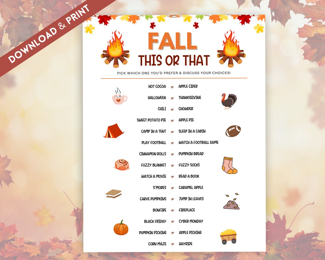 Fall This or That, Fall Party Game Printable, Fun Game for Kids and ...
