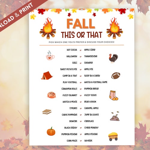 Fall/ Autumn Would You Rather Game for Kids Teens & Adults - Etsy
