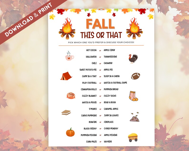 Fall This or That Fall Party Game Printable Fun Game for - Etsy
