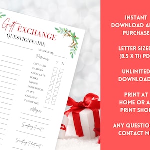 Gift Exchange Survey, Gift Exchange Questionnaire, Secret Santa ...