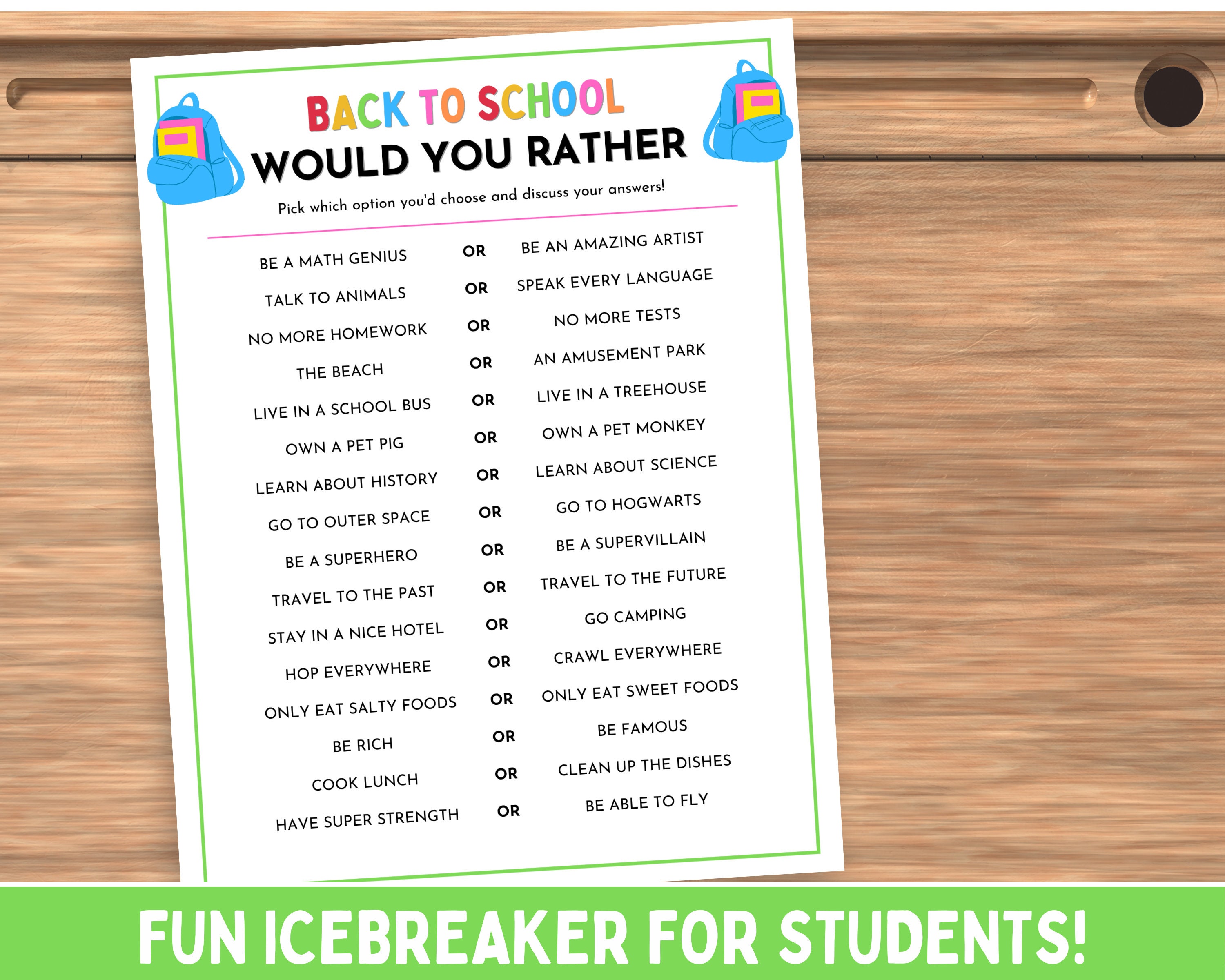 Back to School Game Printable, Back to School Would You Rather ...
