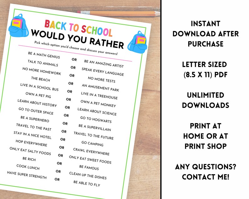 Back to School Game Printable Back to School Would You - Etsy