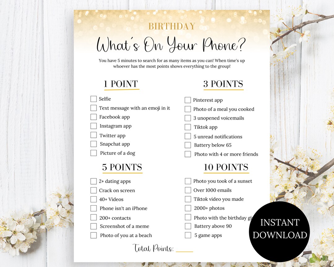 Adult Birthday Party Games Gold | Birthday What's on Your Phone ...
