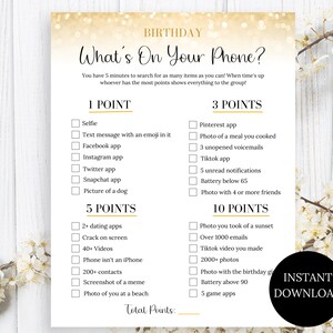 Adult Birthday Party Games Gold | Birthday What's on Your Phone ...