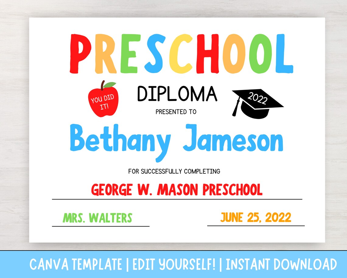 Editable Preschool Diploma Preschool Diploma Preschool - Etsy