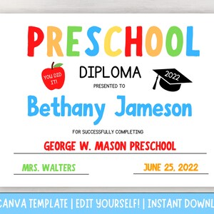 Editable Preschool Diploma, Preschool Diploma, Preschool Certificate ...