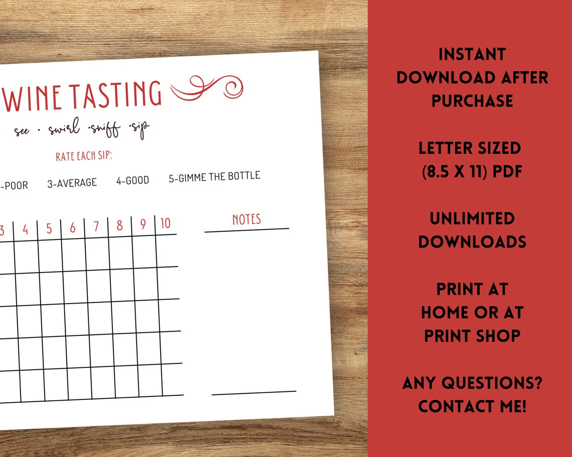 Wine Tasting Sheet Wine Tasting Scorecard Printable Wine - Etsy