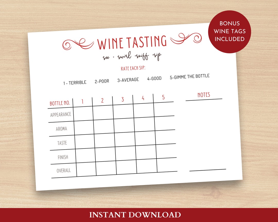 Wine Tasting Sheet 5 Wines, Wine Tasting Card, Printable Wine Tasting ...