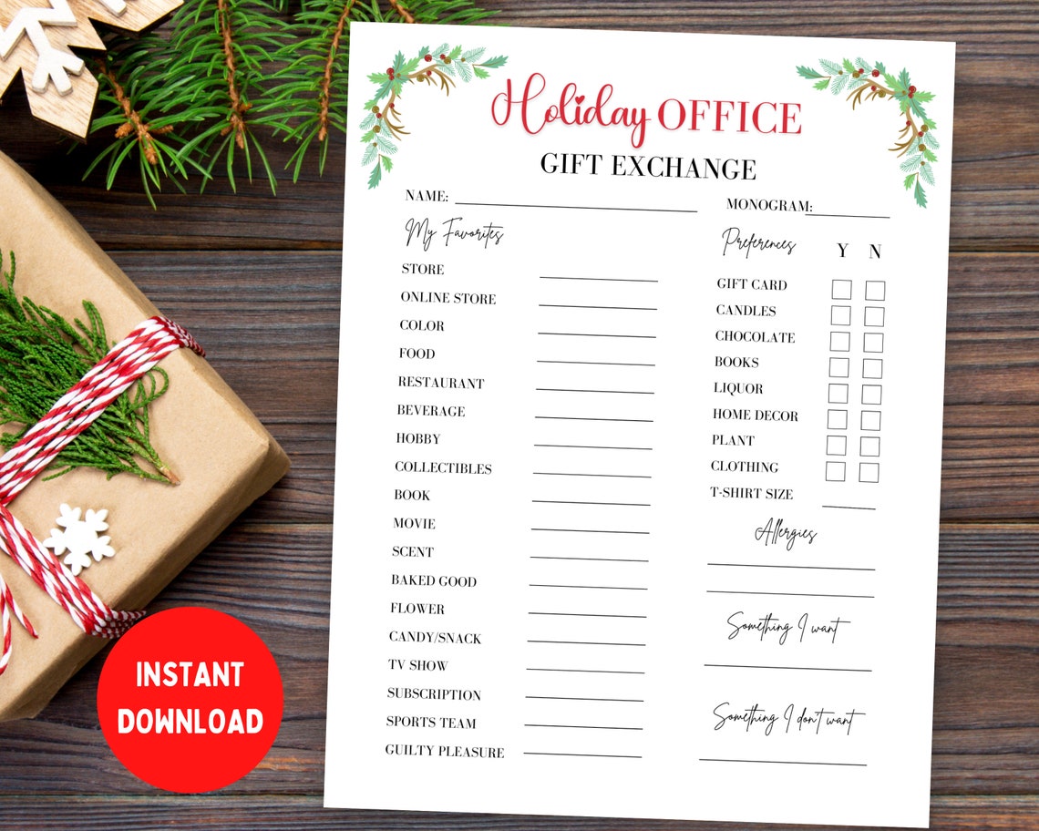 Holiday Office Gift Exchange Survey, Office Gift Exchange Questionnaire ...