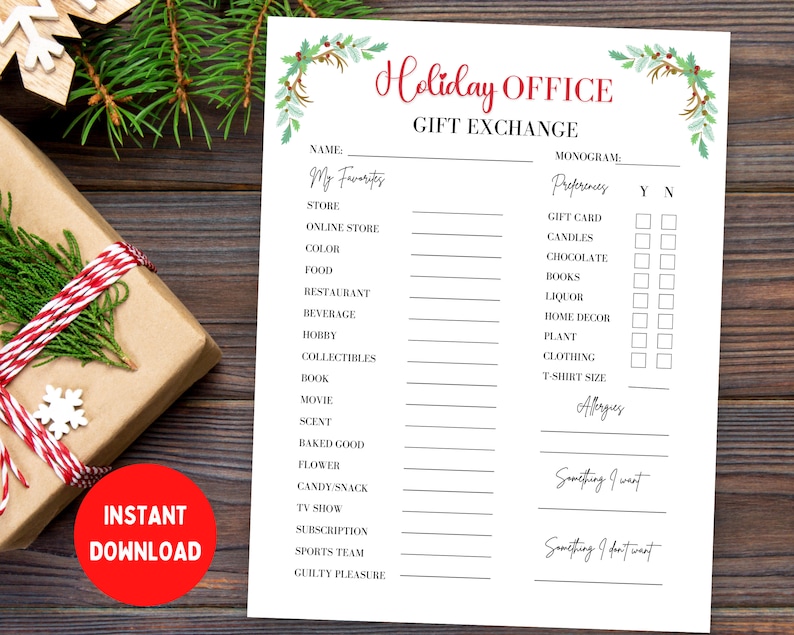 Holiday Office Gift Exchange Survey, Office Gift Exchange Questionnaire ...