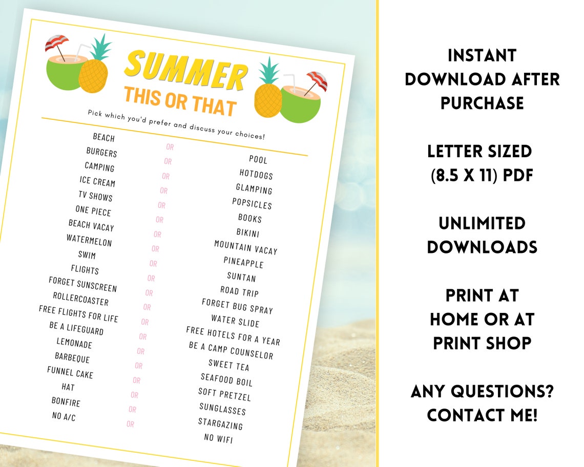 Summer This or That Game Printable Summer Party Game Summer - Etsy