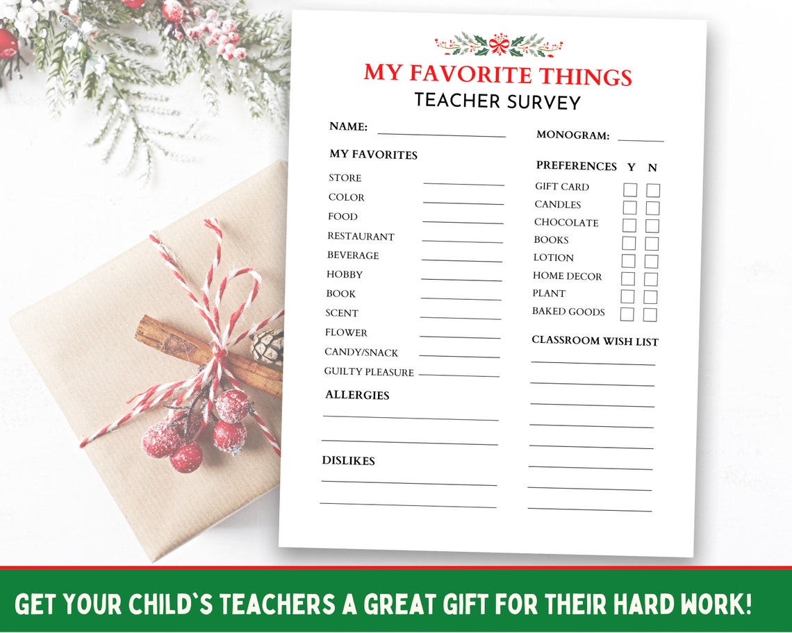 Teacher's Favorite Things Questionnaire, Teacher Survey, Christmas ...