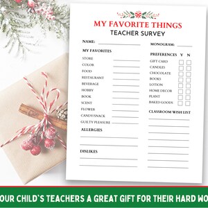 Teacher's Favorite Things Questionnaire, Teacher Survey, Christmas ...