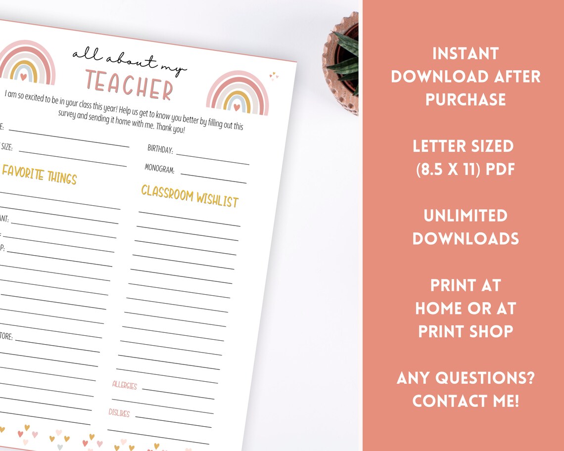 All About the Teacher Survey, PTA Teacher Form, Teacher Appreciation ...