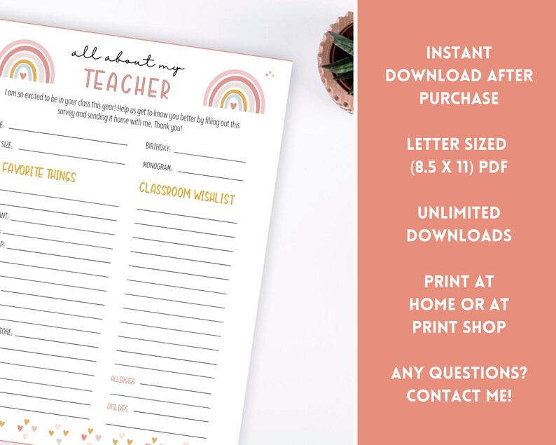 All About the Teacher Survey Teacher Favorites Survey - Etsy