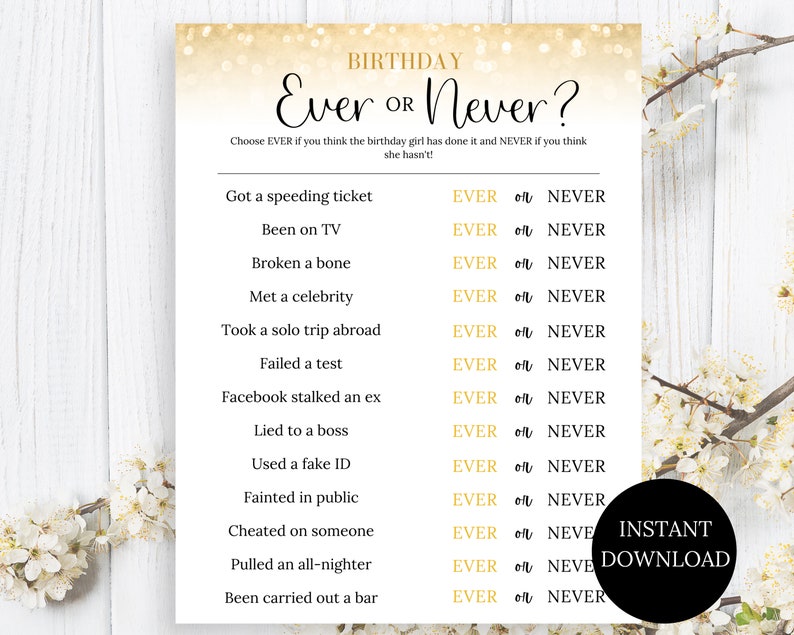 Adult Birthday Party Game | Birthday Ever or Never Game | Birthday ...