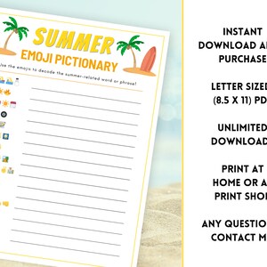 Summer Emoji Pictionary, Printable Summer Party Game, Summer Party Game ...