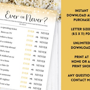 Adult Birthday Party Game | Birthday Ever or Never Game | Birthday ...