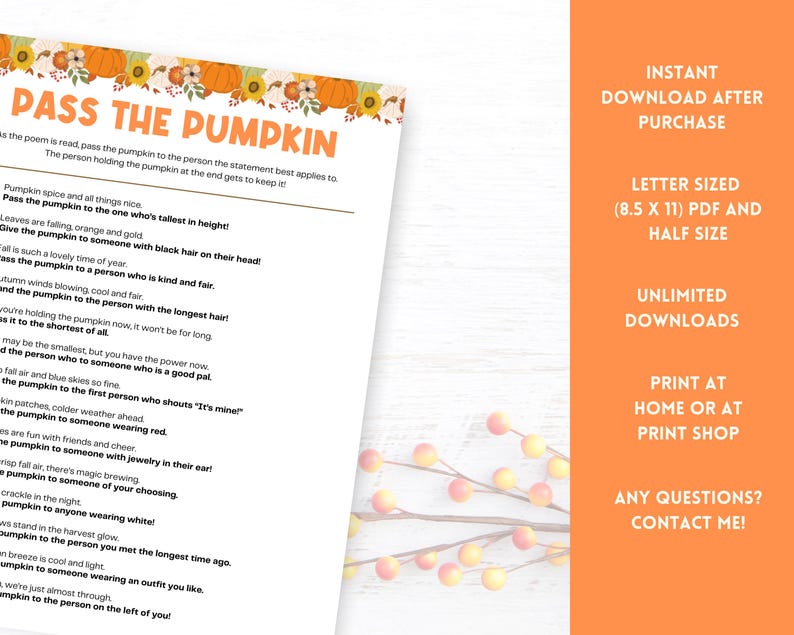 Pass the Pumpkin Game, Fall Game, Autumn Games Printable, Fall Time ...